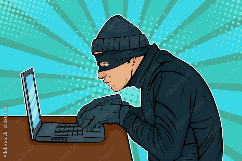 Caucasian hacker thief hacking into a computer. Vector illustration in ...