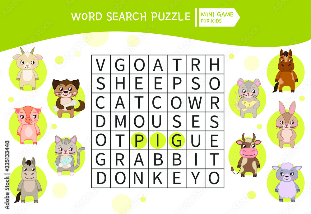 Educational game for kids. Word search puzzle with farm animals. Kids ...