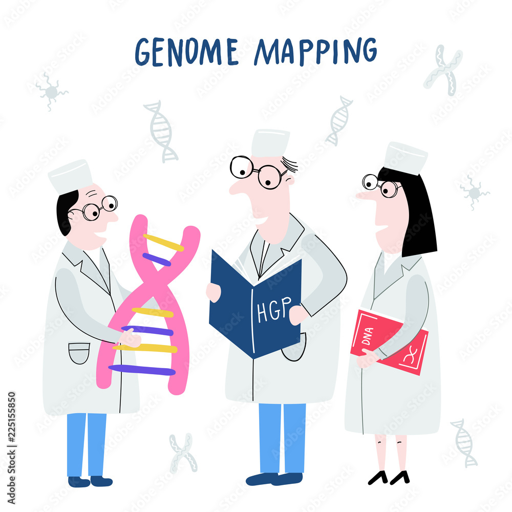 Scientists exploring DNA structure. Hand drawn genome sequencing ...