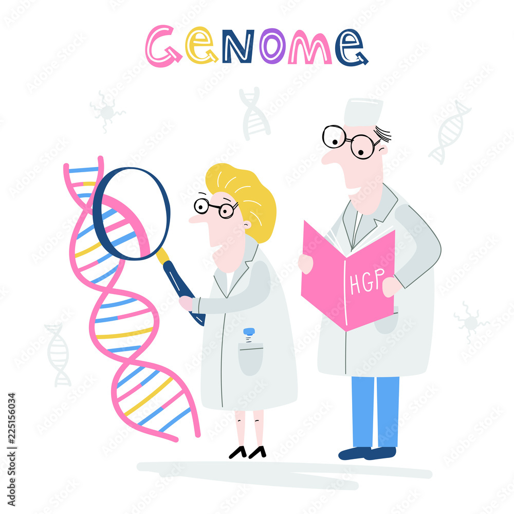 Scientist exploring DNA structure. Hand drawn genome sequencing concept ...