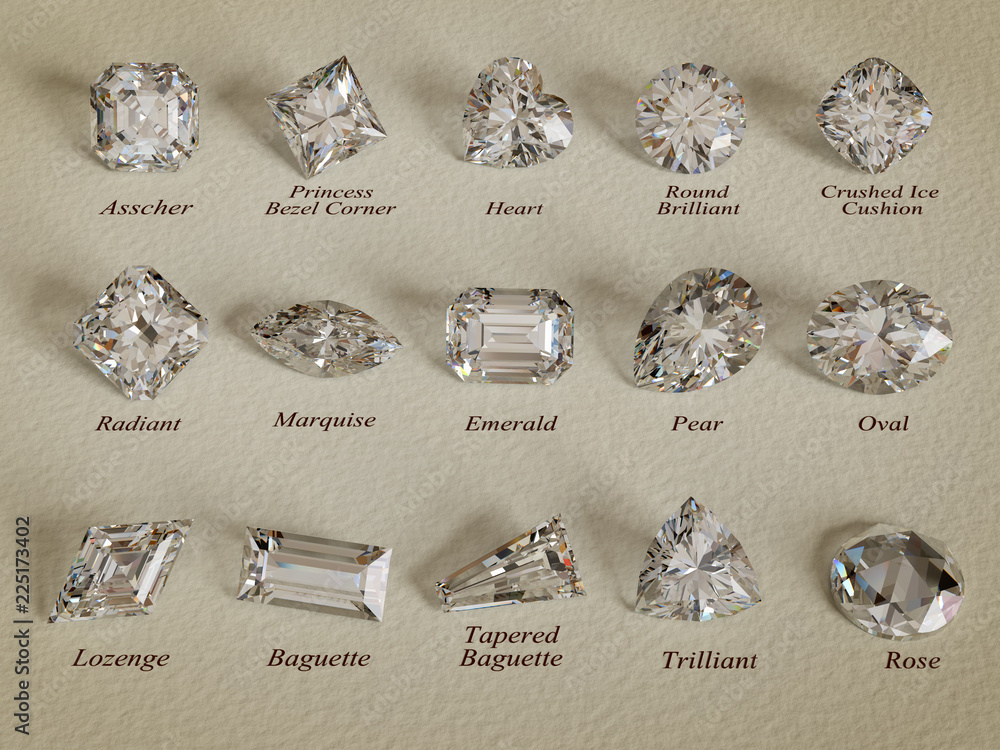 Fifteen diamonds of the most popular shapes with labels on textured old ...