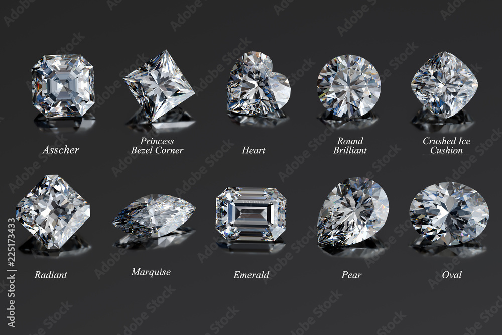 Ten the most popular diamond cut styles with labels on black glossy ...