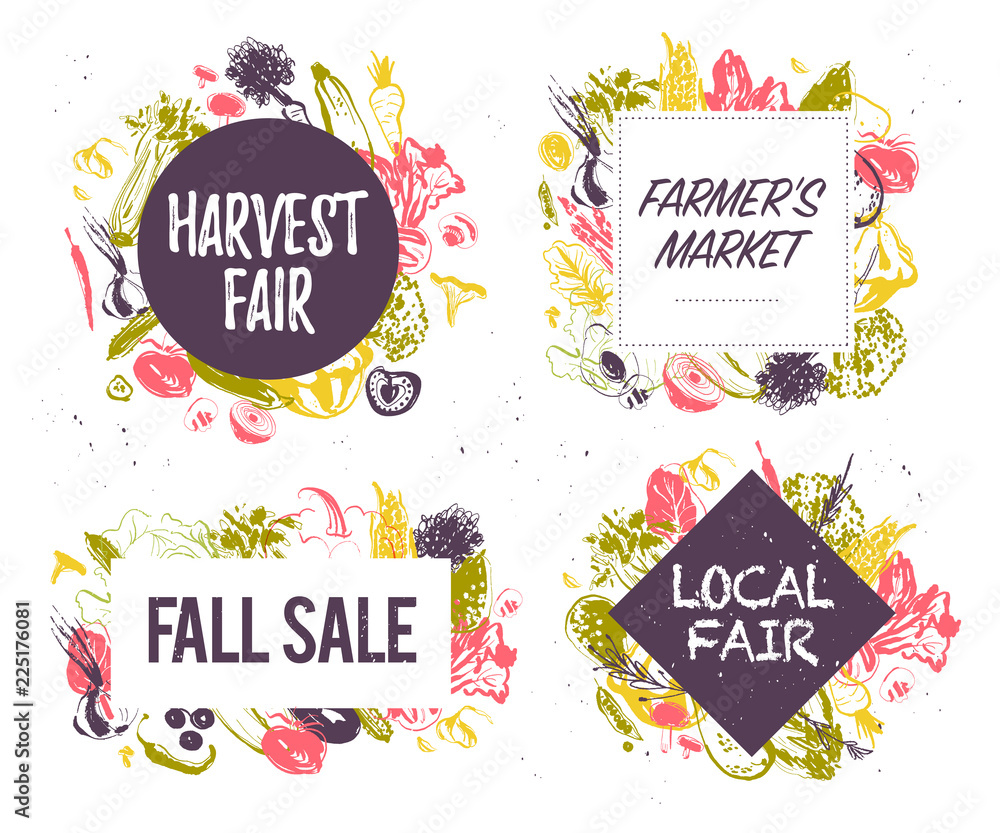 Vector collection of farmers market & harvest fair emblems & labels ...