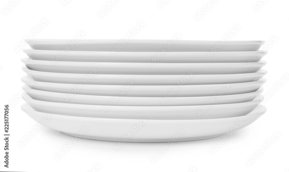 Stack of clean plates on white background. Washing dishes Stock Photo ...