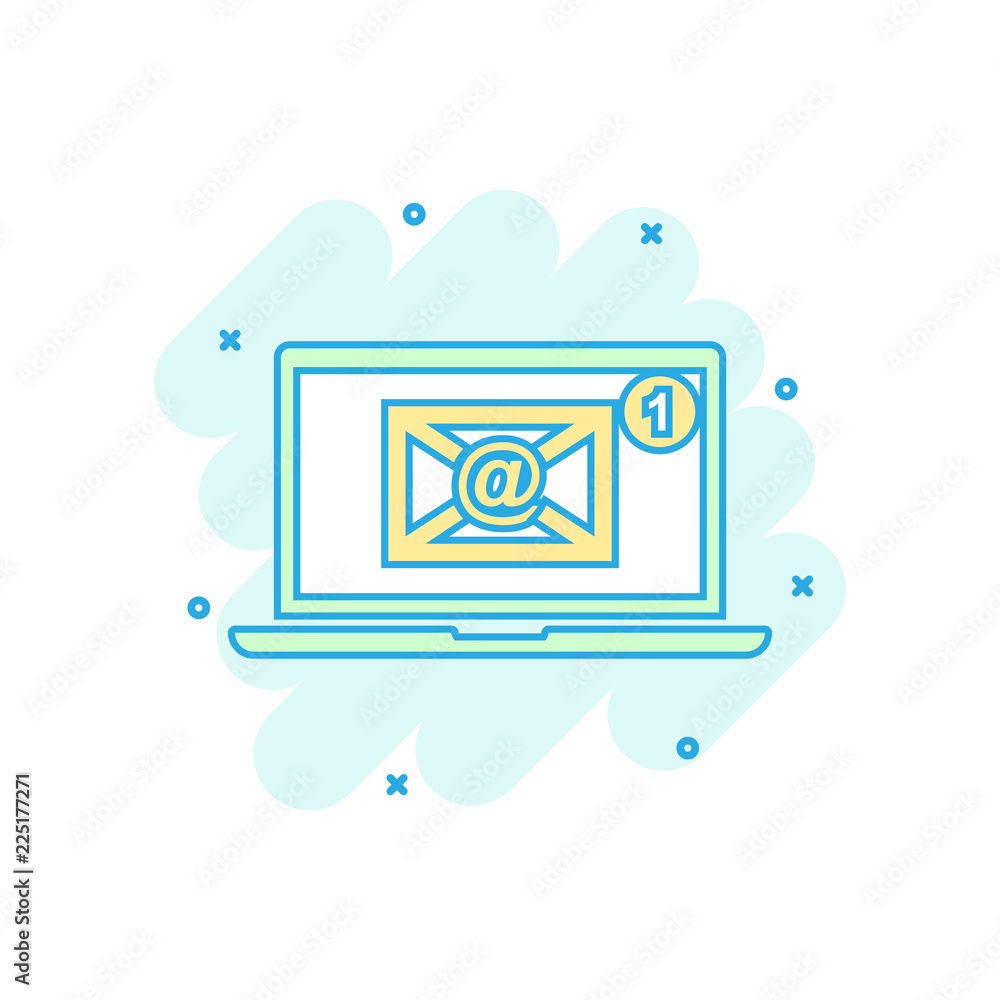 Cartoon colored email envelope message on laptop icon in comic style ...