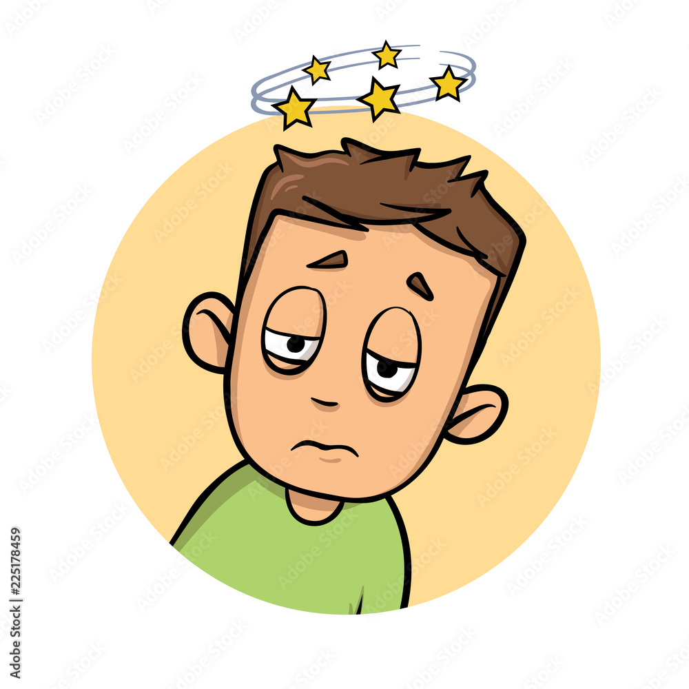 Confused boy seeing spinning stars. Loss of consciousness flat design ...