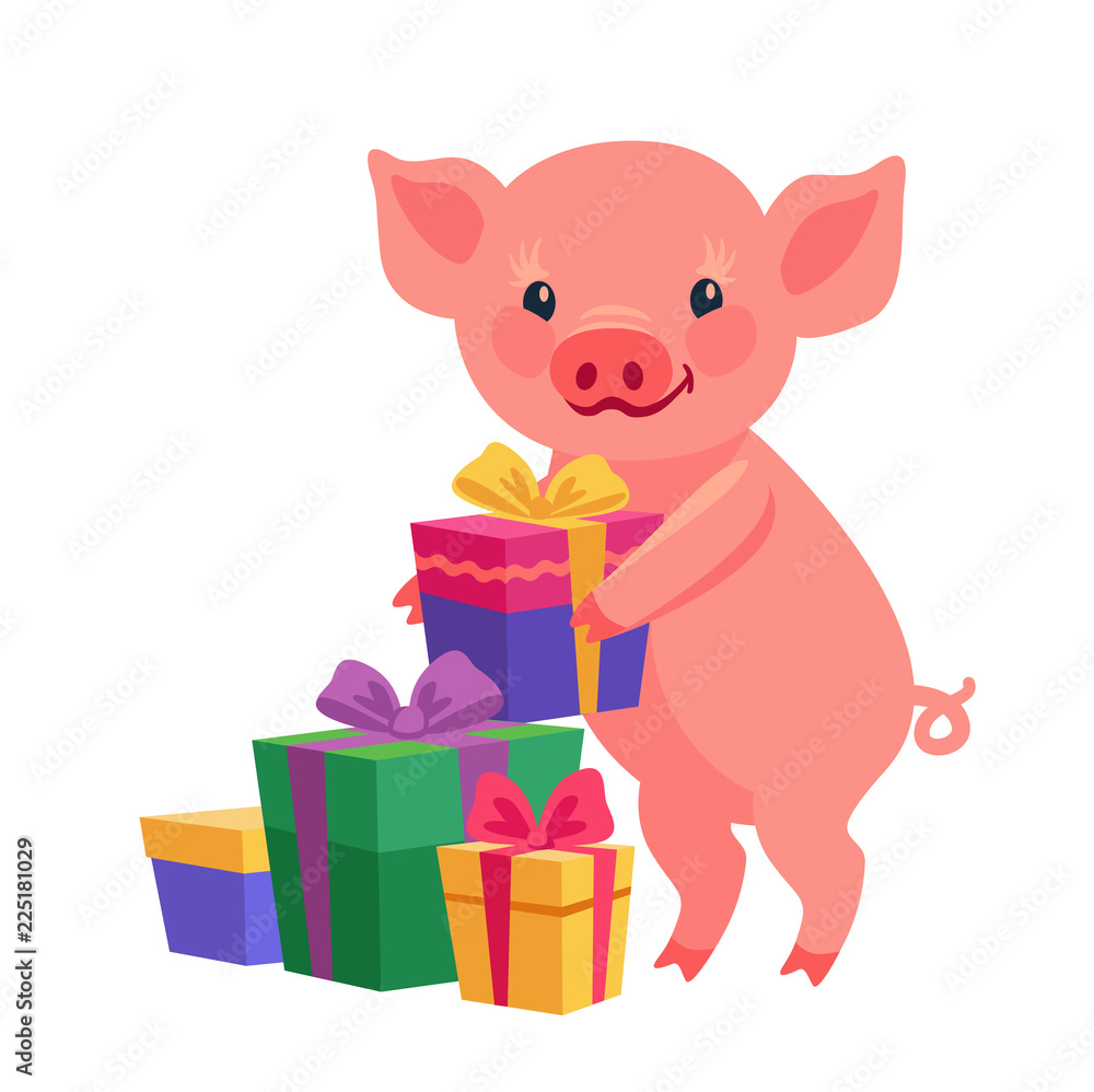 cute little pig hold a gift box. Cartoon vector illustration Stock ...