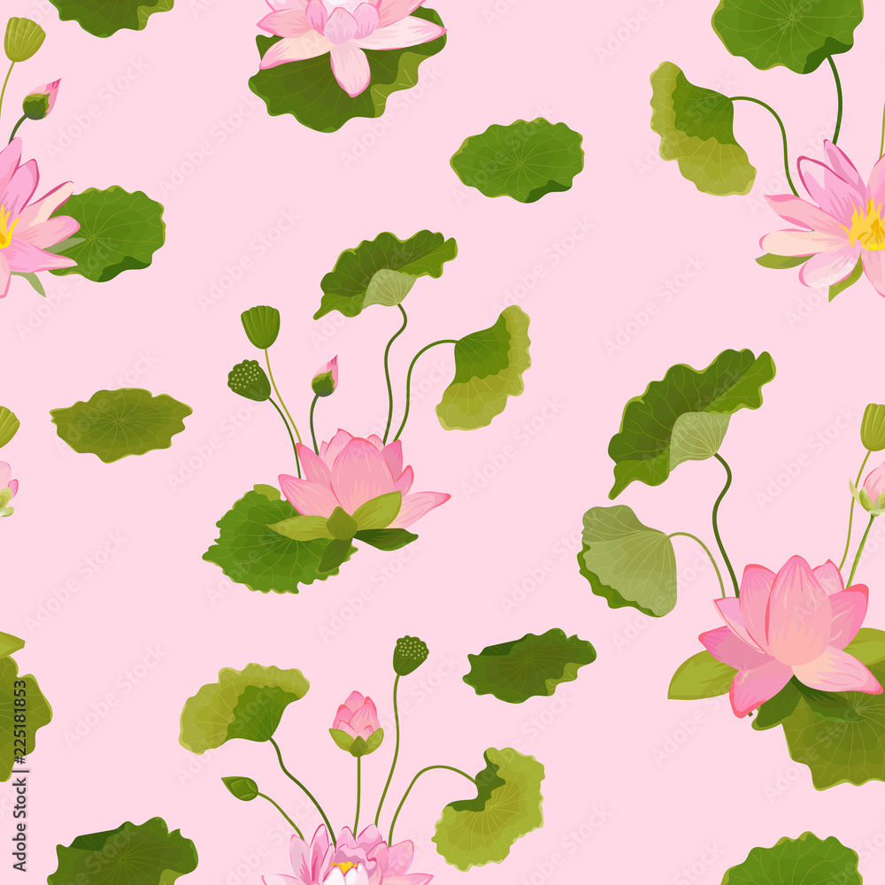Seamless Pattern with Lotus Flowers and Leaves, Retro Tropical Floral ...