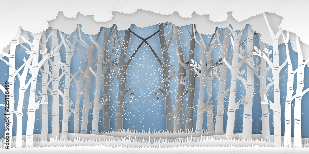 the winter season with trees and snow as Paper art and digital craft ...