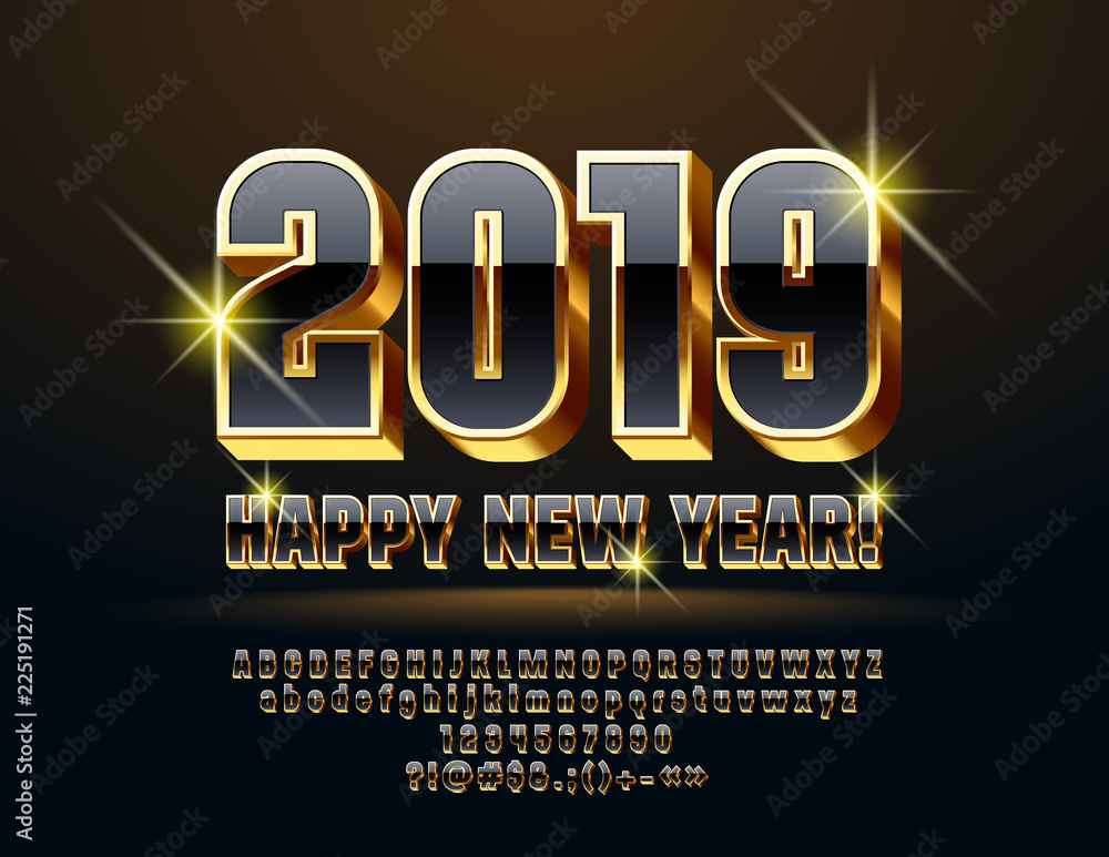 Vector Greeting Card Happy New Year 2019 with luxury Font. Chic Black ...