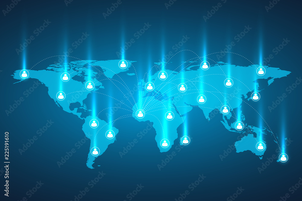 Glowing global world map network connection. mesh and line as business, composition concept ...