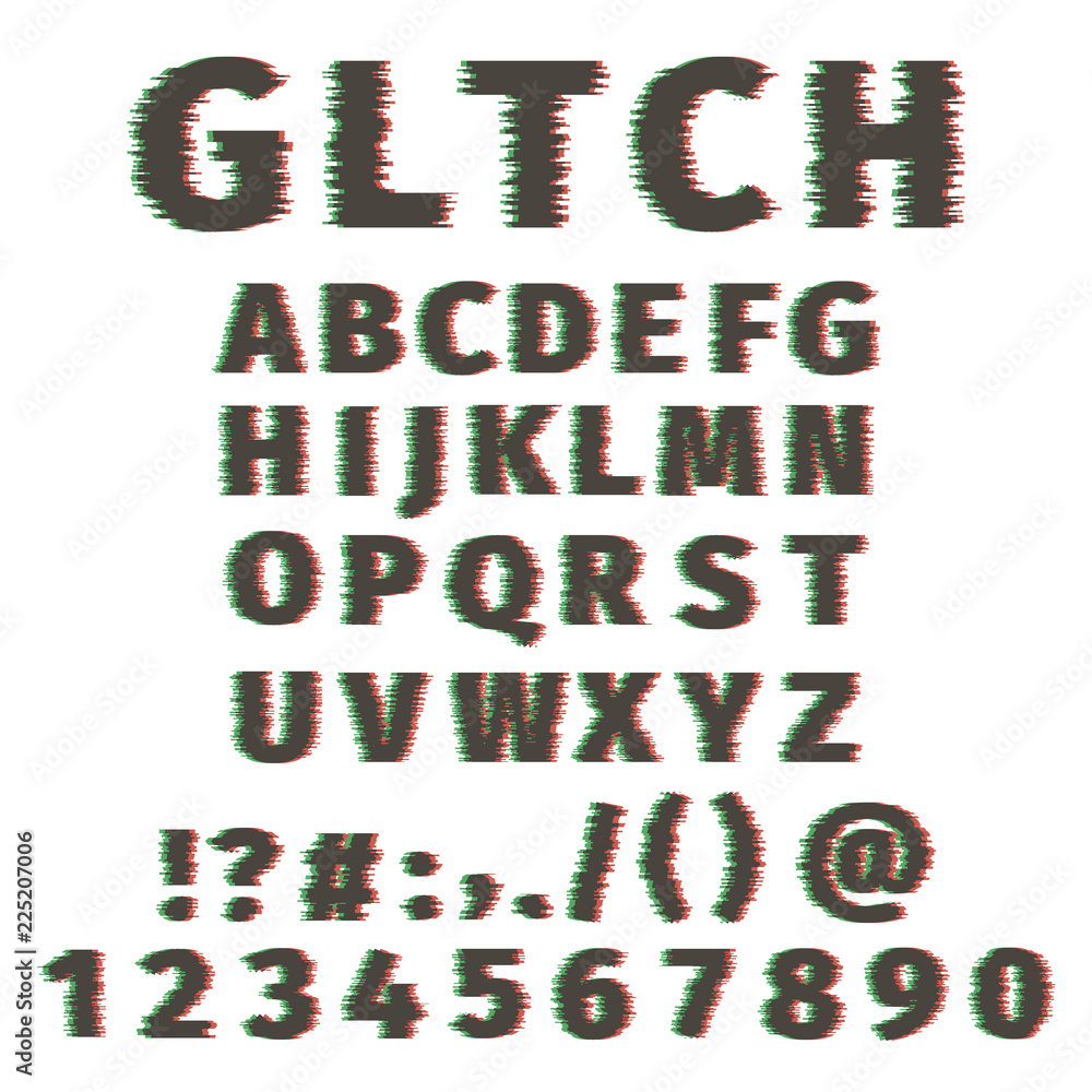 Glitch alphabet distorted font letters and numbers. Vector set with ...