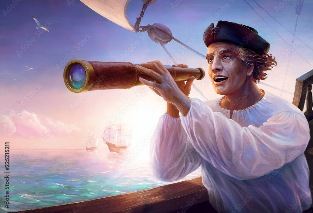 Portrait of discoverer Christopher Columbus. Famous sailor happy ...