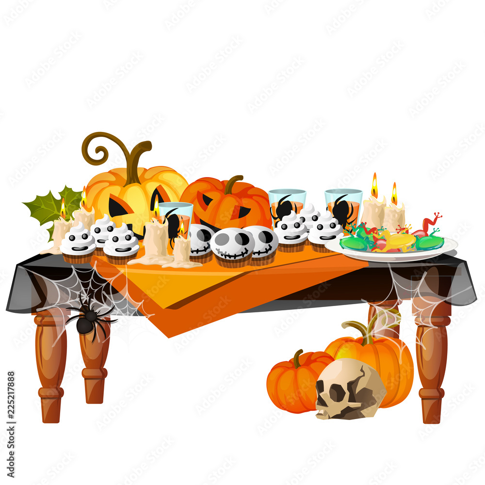 Festive table with burning candles and themed delicacies isolated on ...