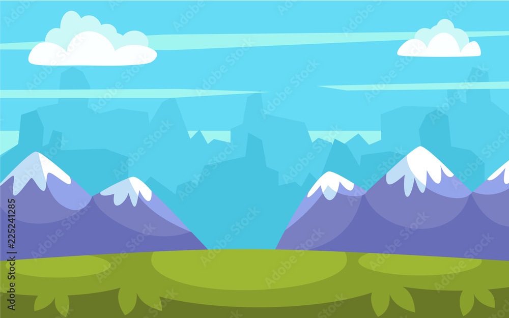Cartoon illustration of day landscape with blue sky and mountains, game ...
