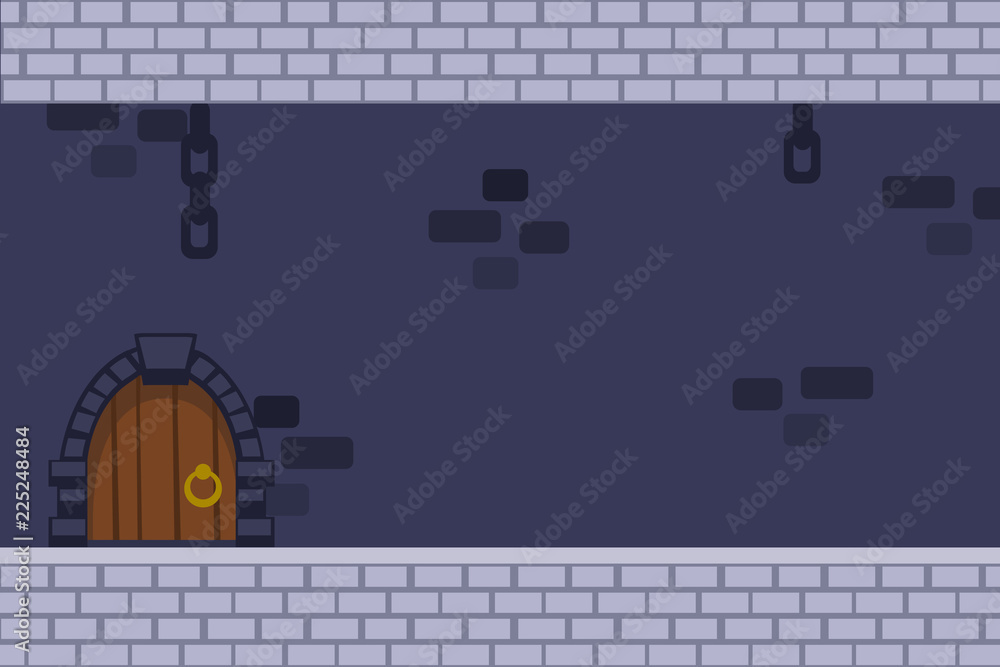 Cartoon vector dark castle background with door, hanging chains and ...