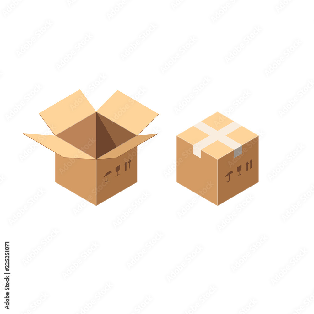Isometric Vector Packaging Carton or Cardboard Boxes Icon Set with ...