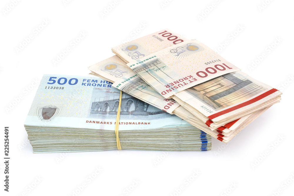 Danish krone. ( DKK ) 1000 and 500 Krone banknotes isolated on white ...