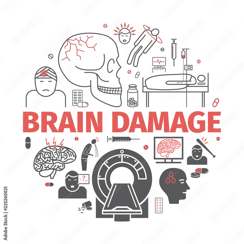 Traumatic brain injury banner. Head Injury Treatment. Vector signs for ...