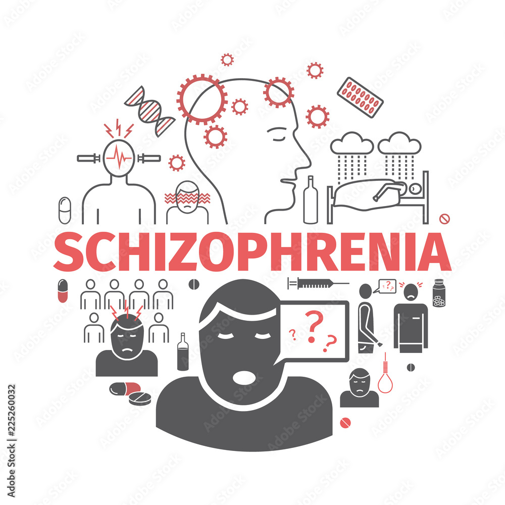 Schizophrenia banner. Symptoms, Treatment. Icons set. Vector signs for ...