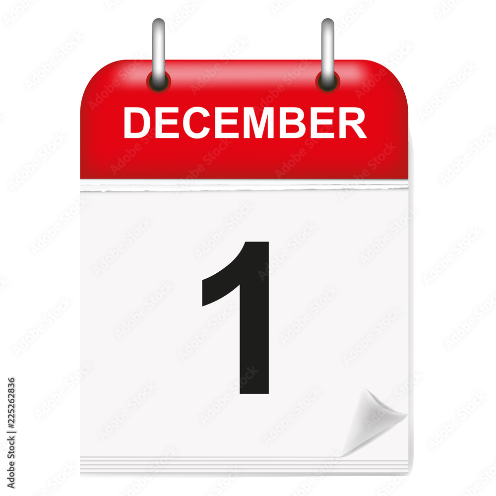 Daily single-leaf calendar, red spine, 3d, month of December,first,1 ...