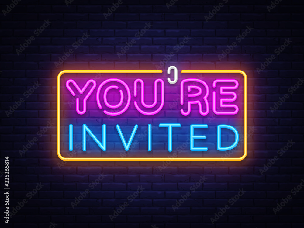 You're Invited neon text vector design template. Neon logo, light ...