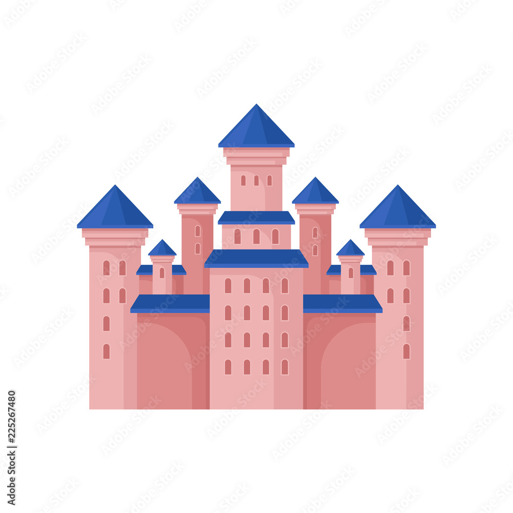 Pink royal castle with high towers and blue roof. Large fairy tale ...