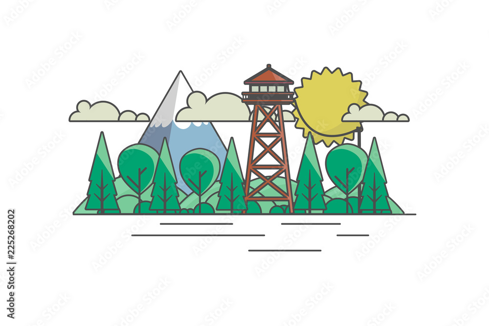 Vector Flat Art landscape with outline stroke design, with fire lookout ...