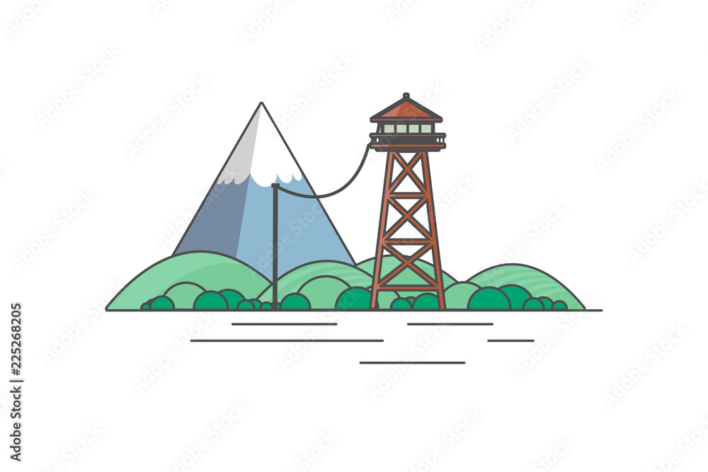 Vector Flat Art landscape with outline stroke design, with fire lookout ...