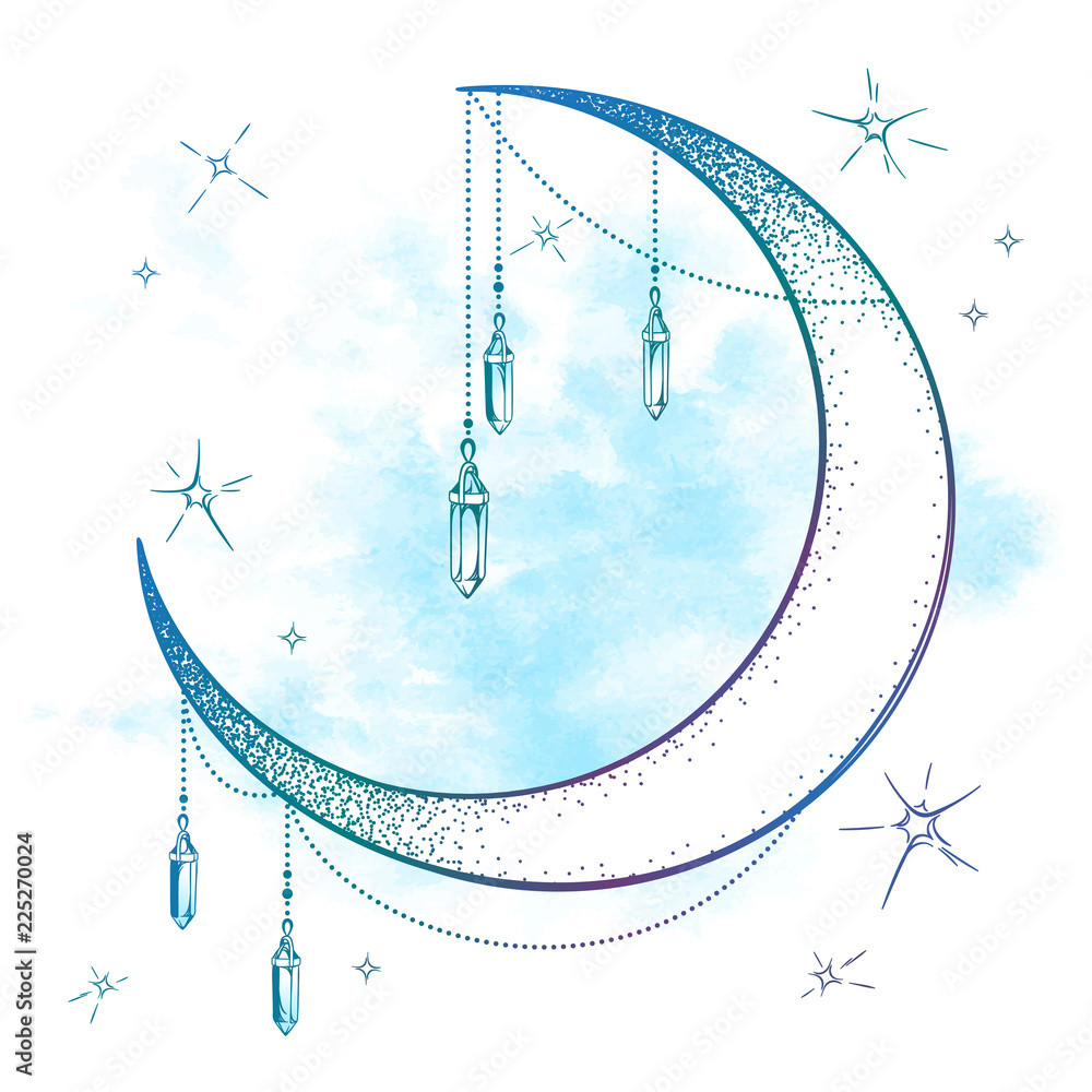 Blue crescent moon with moonstone gem pendants and stars vector ...