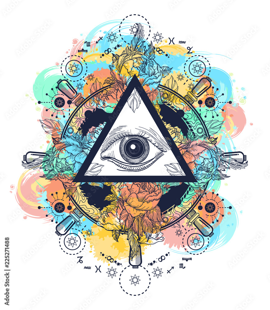 All seeing eye pyramid tattoo art watercolor splashes style. Freemason ...