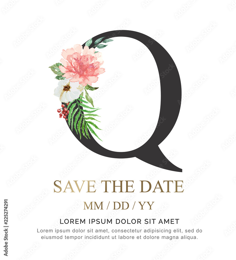 Alphabet Q flower font made of paint floral and leaf watercolor on ...