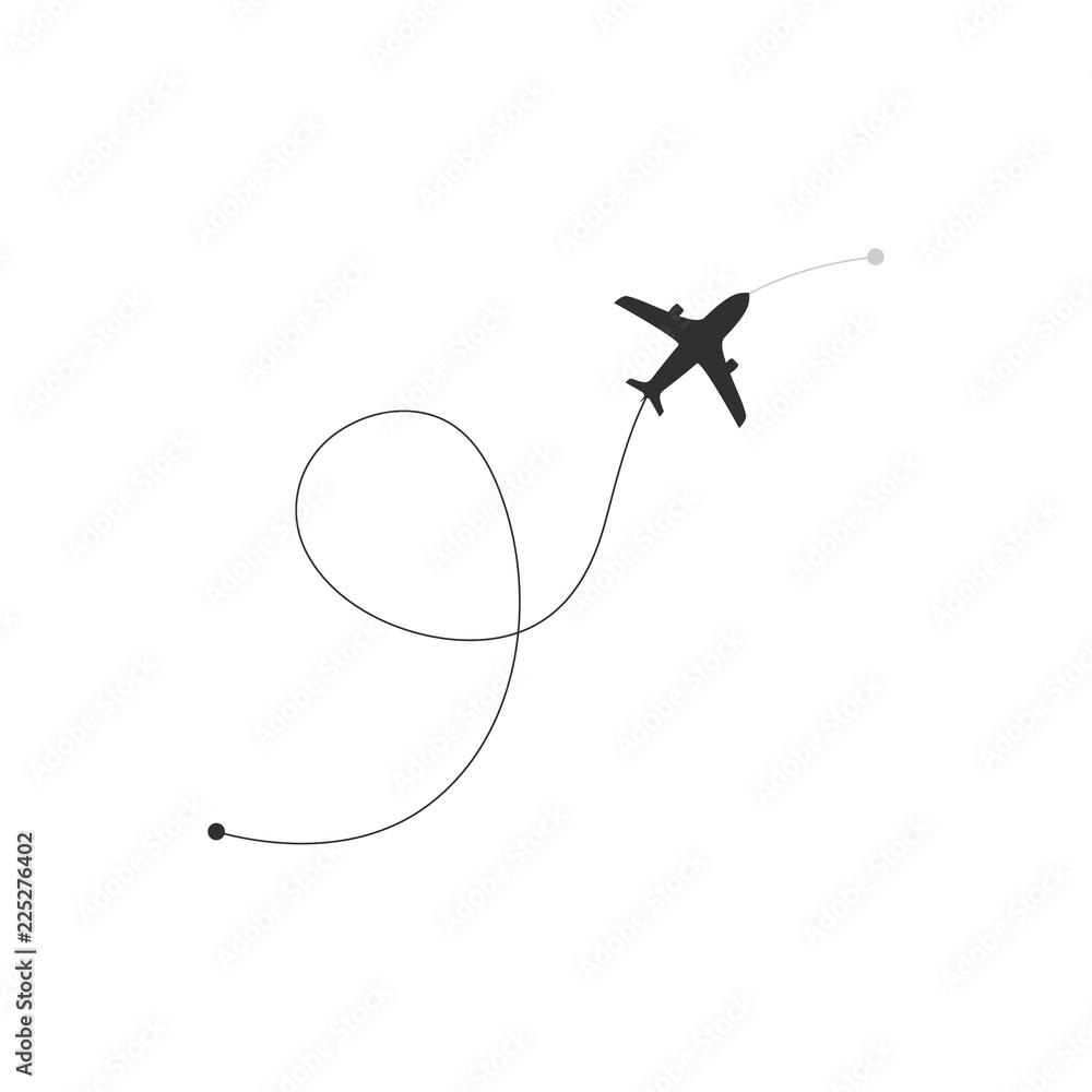 Flight route. Plane icon. Airplane icon with route from launch point to ...