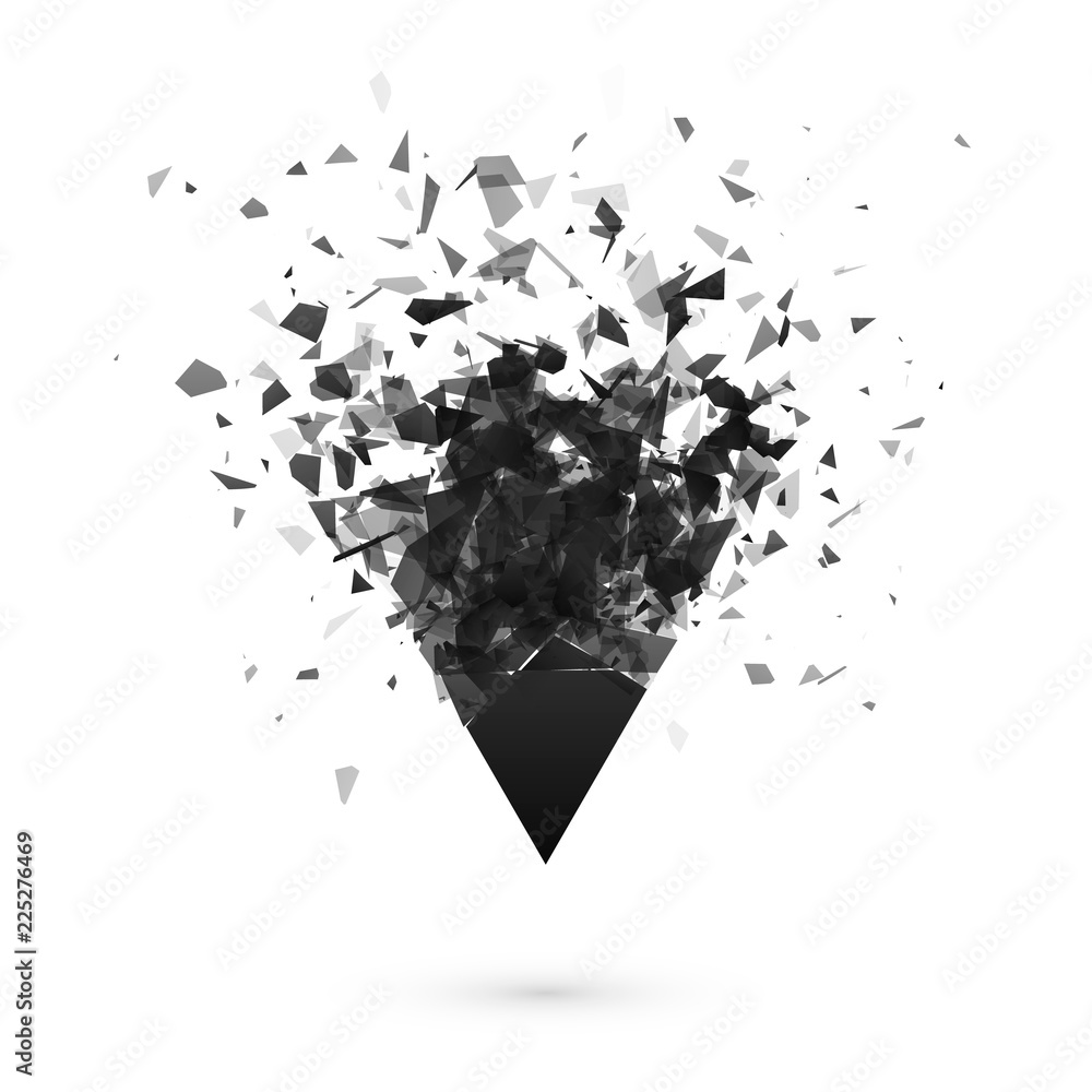 Explosion effect. Shatter dark triangle. Abstract cloud of pieces after ...
