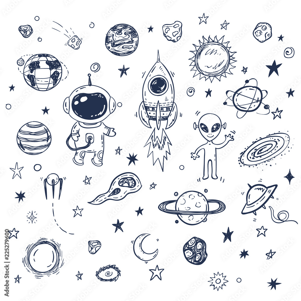 Doodle space travel vector set with rocket, astronaut, alien, planets ...