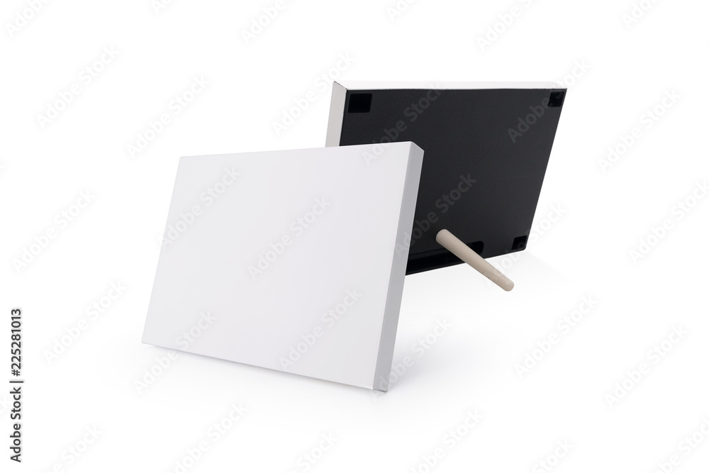 White photo frame and stand on isolated background. Blank picture ...