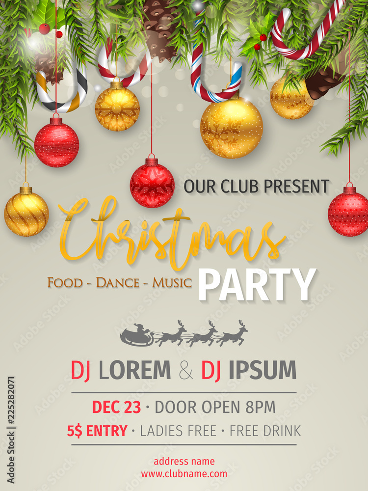 Christmas Party design with fir branches, pine cones, holly, and string ...