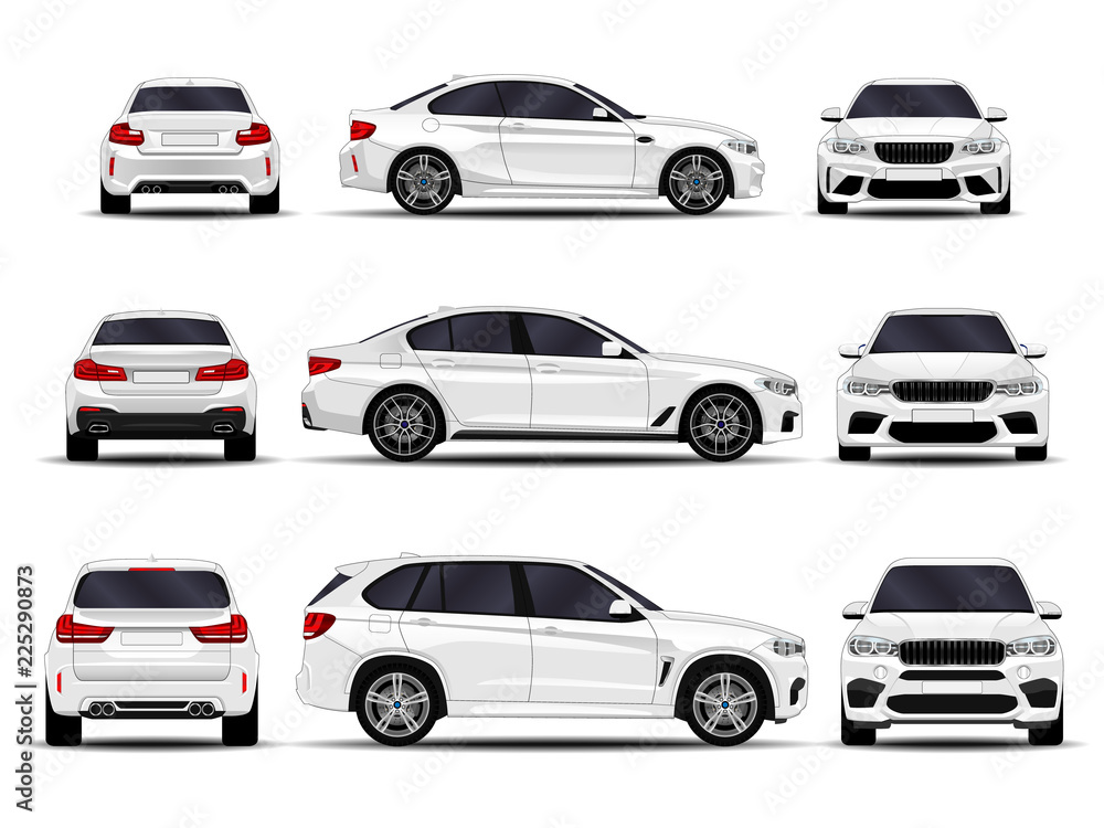 realistic cars set. front view; side view; back view. Stock Vector ...