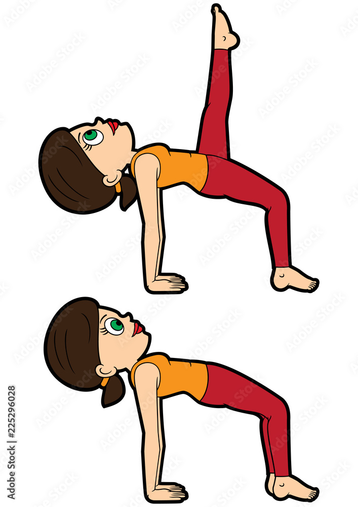 Yoga asana set reverse table top/ Illustration cartoon girl doing ardha ...