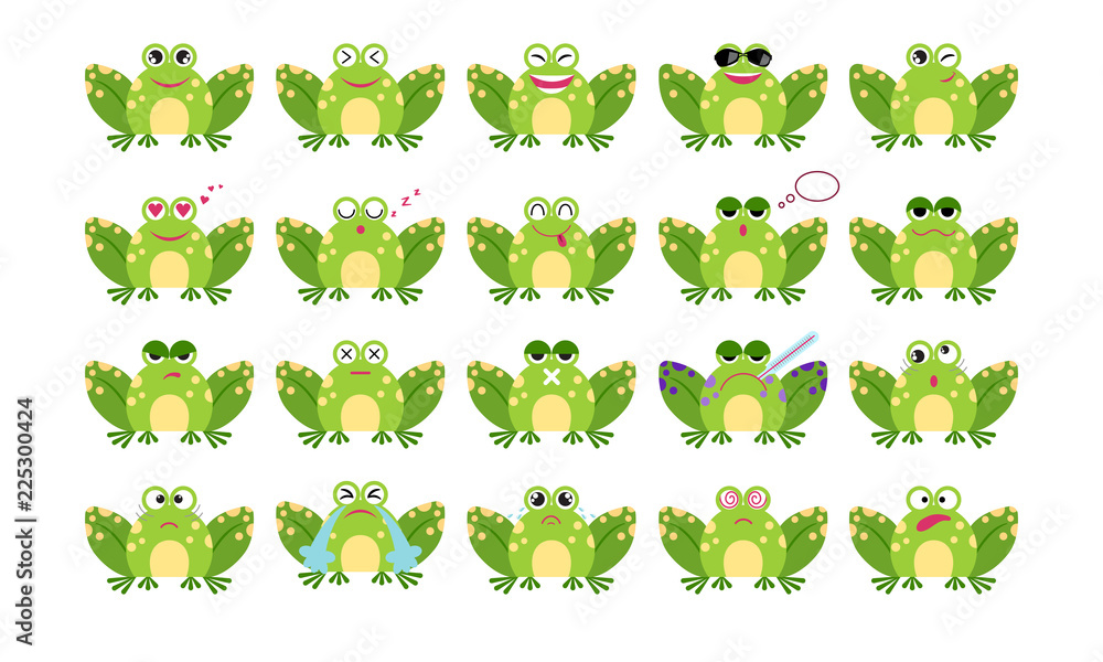 Cartoon funny frog emoticon set.Smiling, bored, enamored, sleepy, sad ...