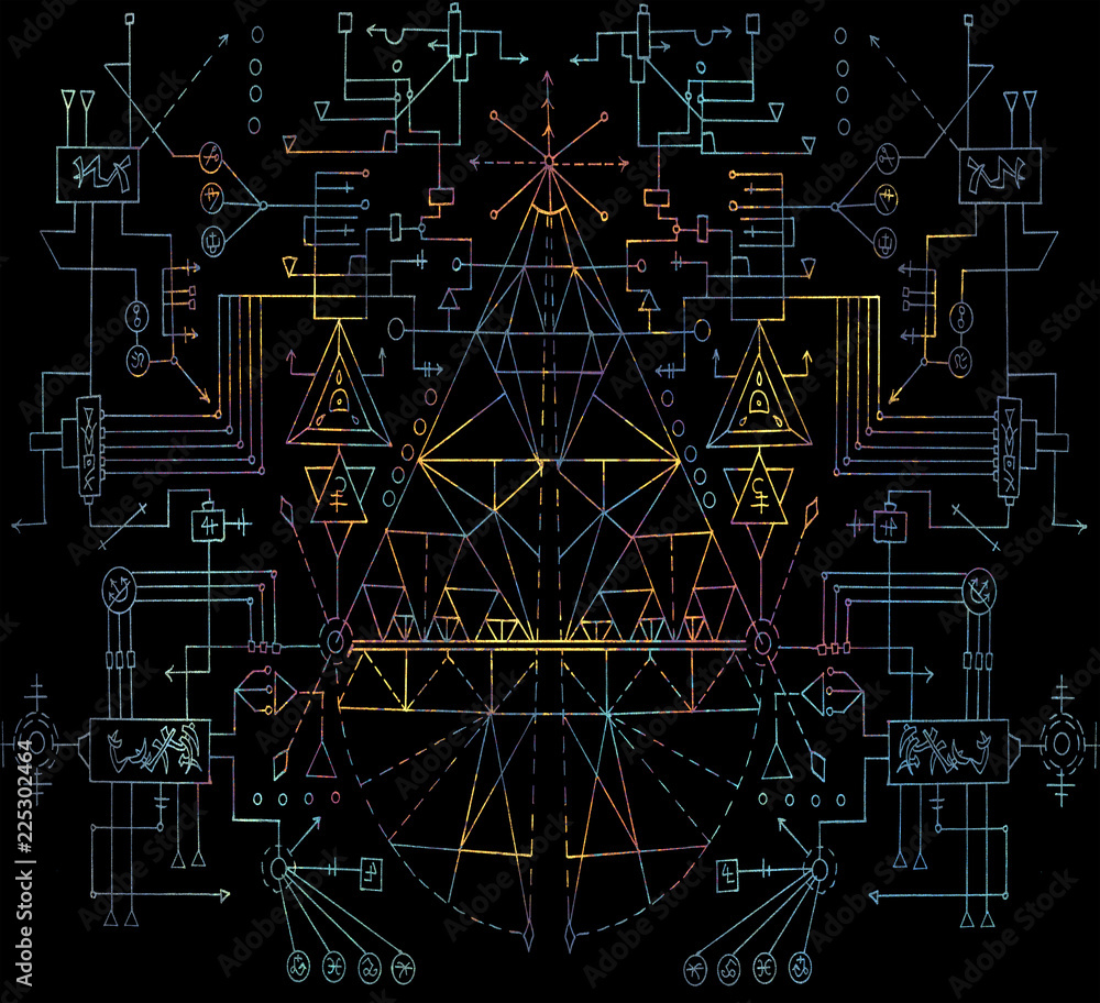Demon with horns and geometric lines and symbols on black. Death symbol ...