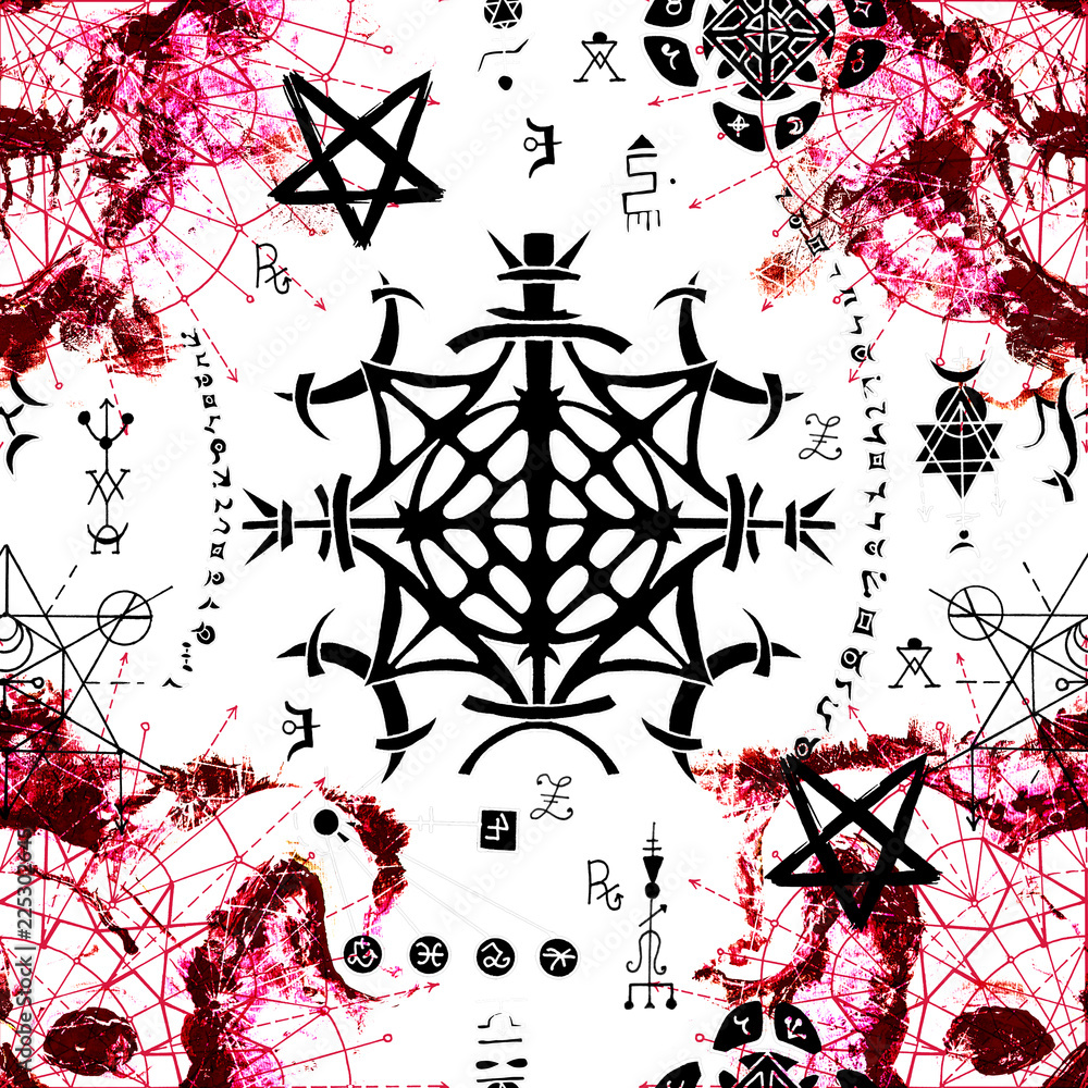 Seamless pattern with gothic symbol and red devil skull on white. Death ...