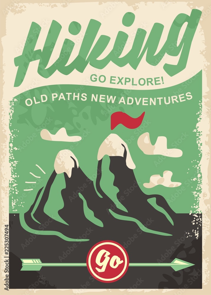 Hiking retro poster design with mountain shape and classic arrow ...
