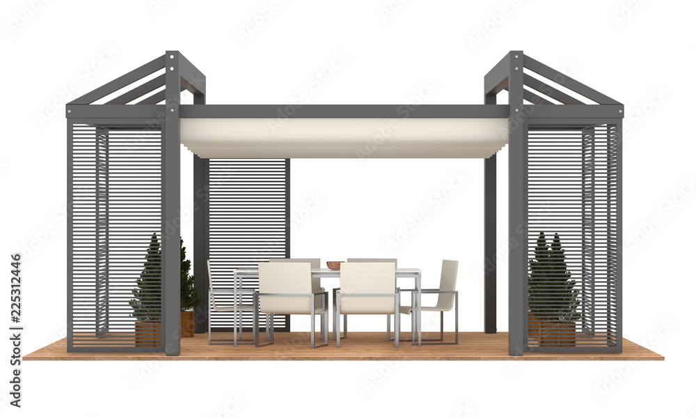 3D render of modern luxury garden pergola. With plants and furniture ...