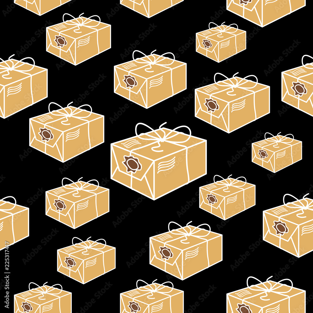 Seamless black background with brown parcels. Vector illustration ...