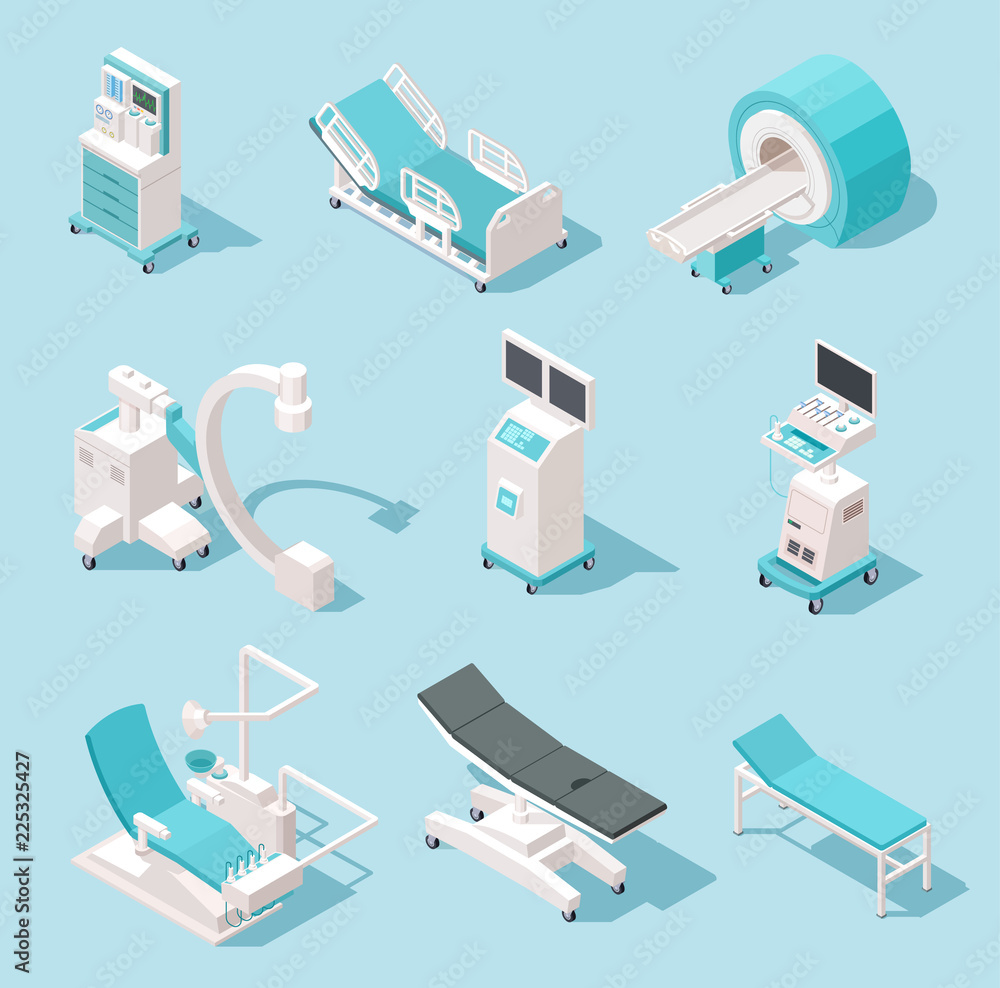 Isometric medical equipment. Hospital diagnostic tools. Health care ...