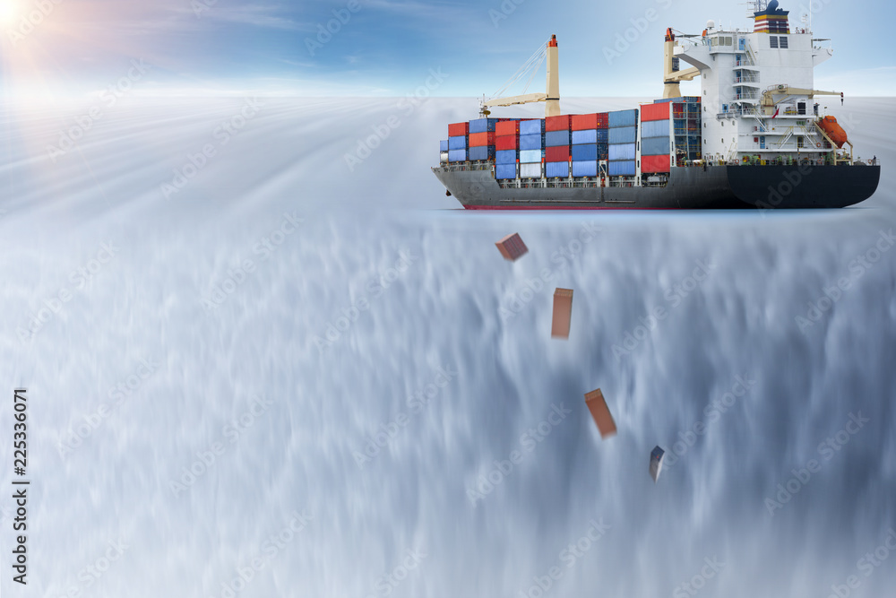 cargo container ship on high waterfall and ship sailing forward to ...