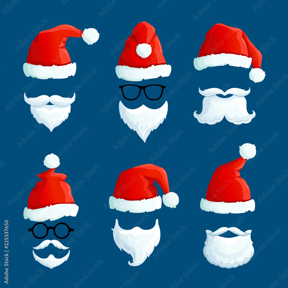 Santa hats with moustache and beards. Cartoon santa front wearing ...