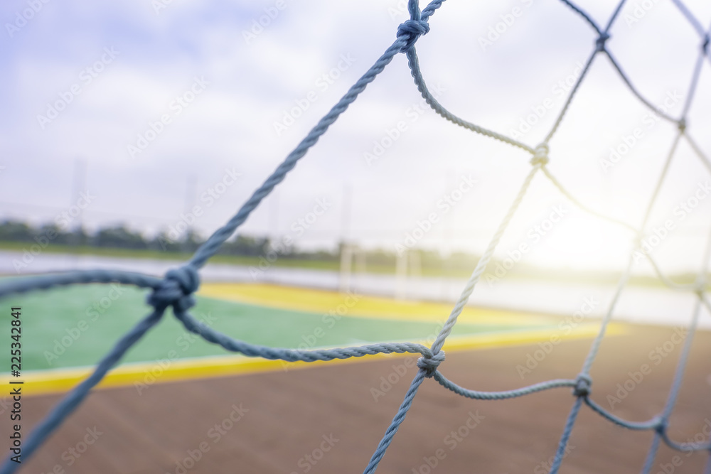 Nets of a soccer field outdoor, football field float on water. Stock ...