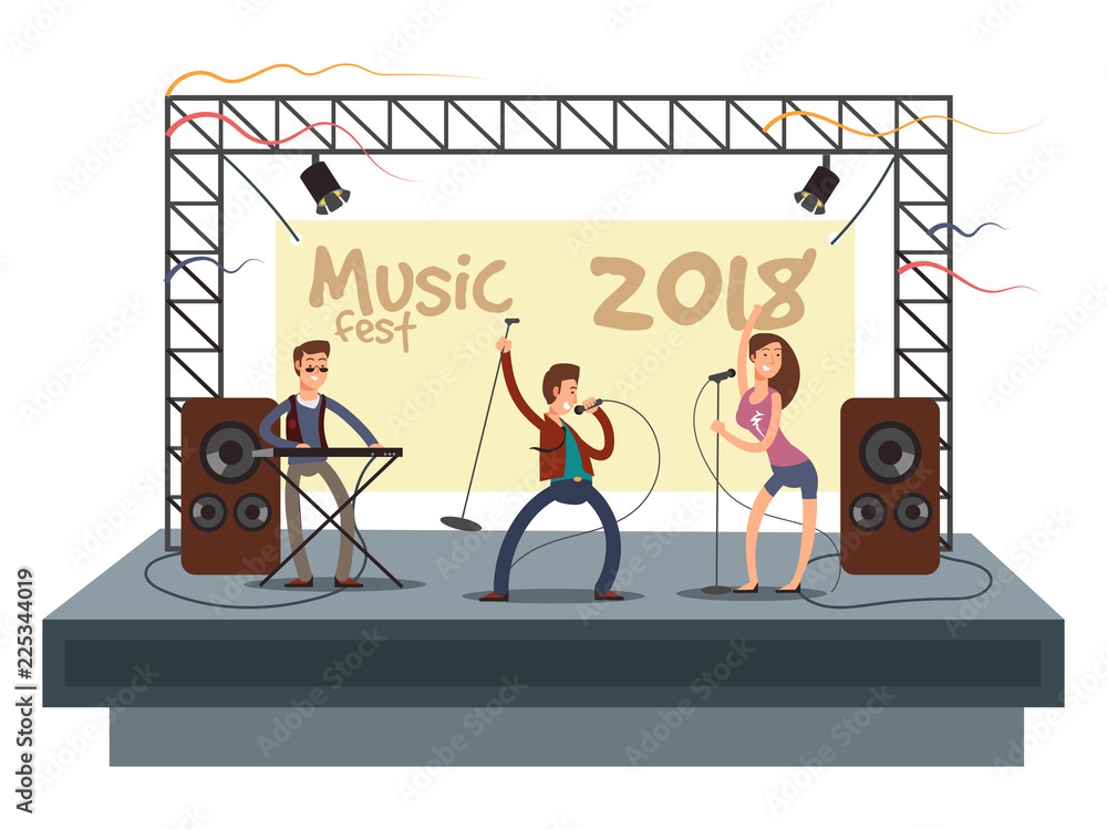 Music festival concert with pop music band playing music. Musician and ...